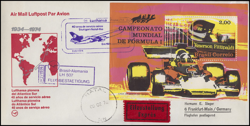 Flugpost Lufthansa 40 Jahre Brasilien-Deutschland LH 507 Formel-1-Block ...