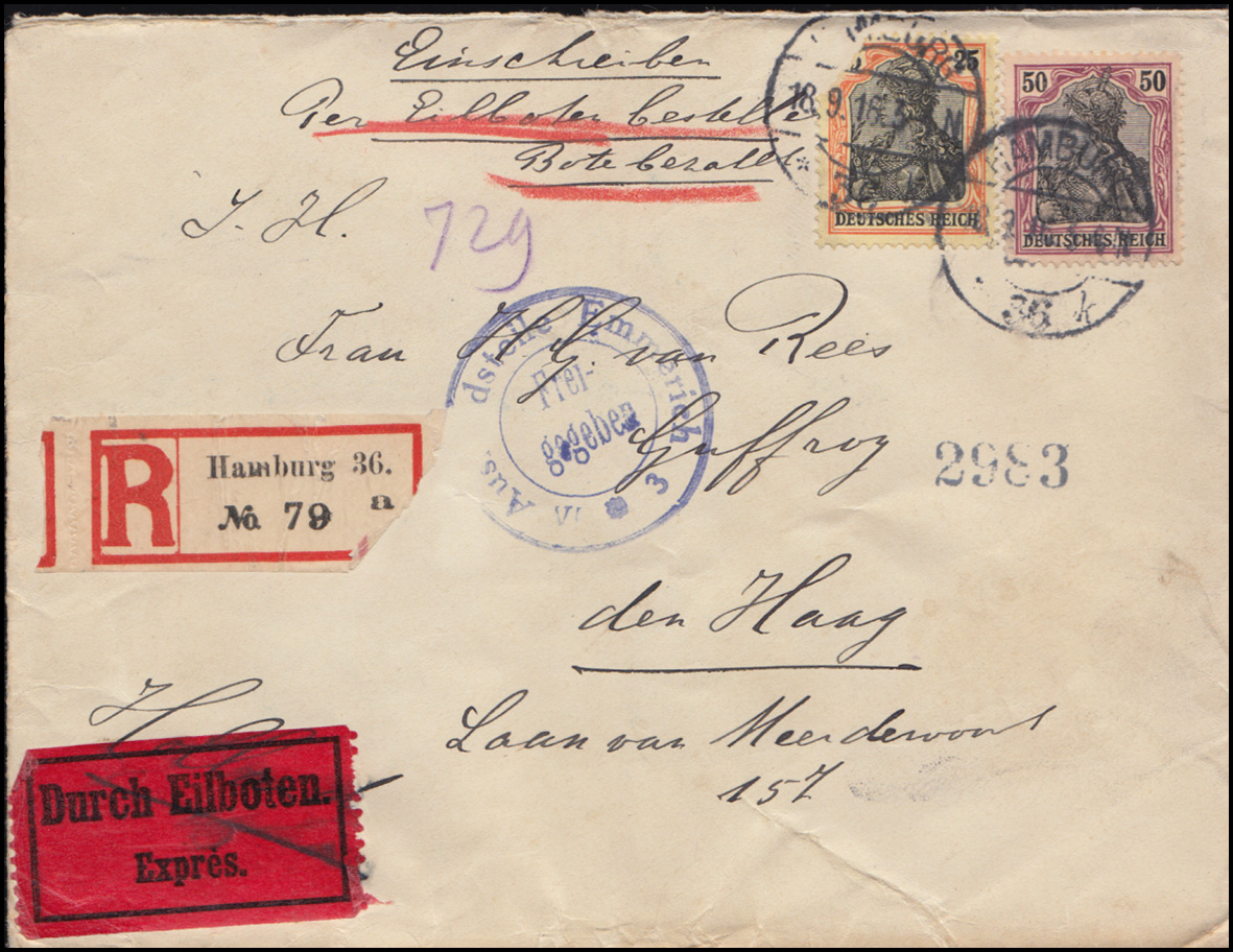 Zensur Auslandsstelle Emmerich Eil-R-Brief Germania-Frankatur HAMBURG ...